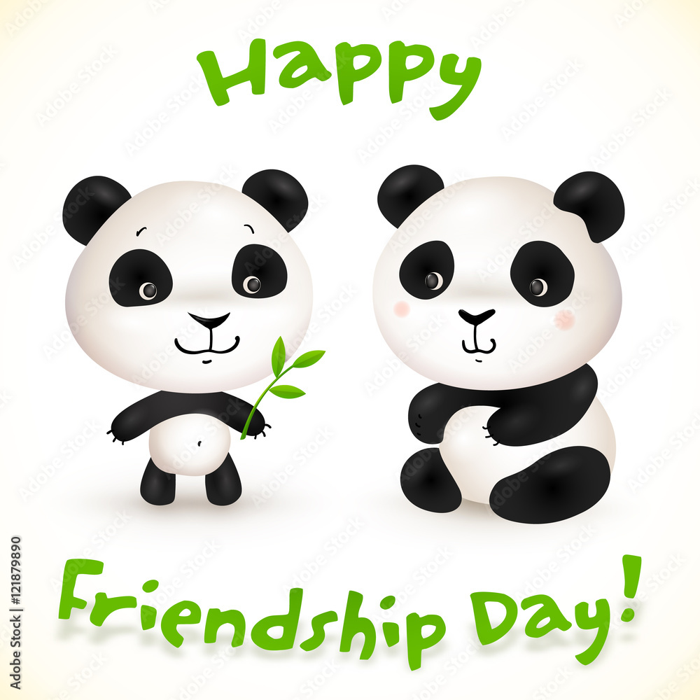 Cute little pandas friends with bamboo leaves, vector illustration ...