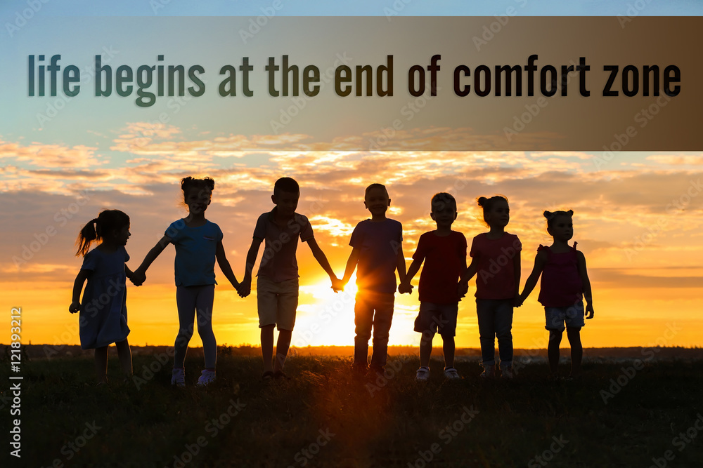 Comfort zone concept. Happy kids silhouettes on sunset background Stock ...