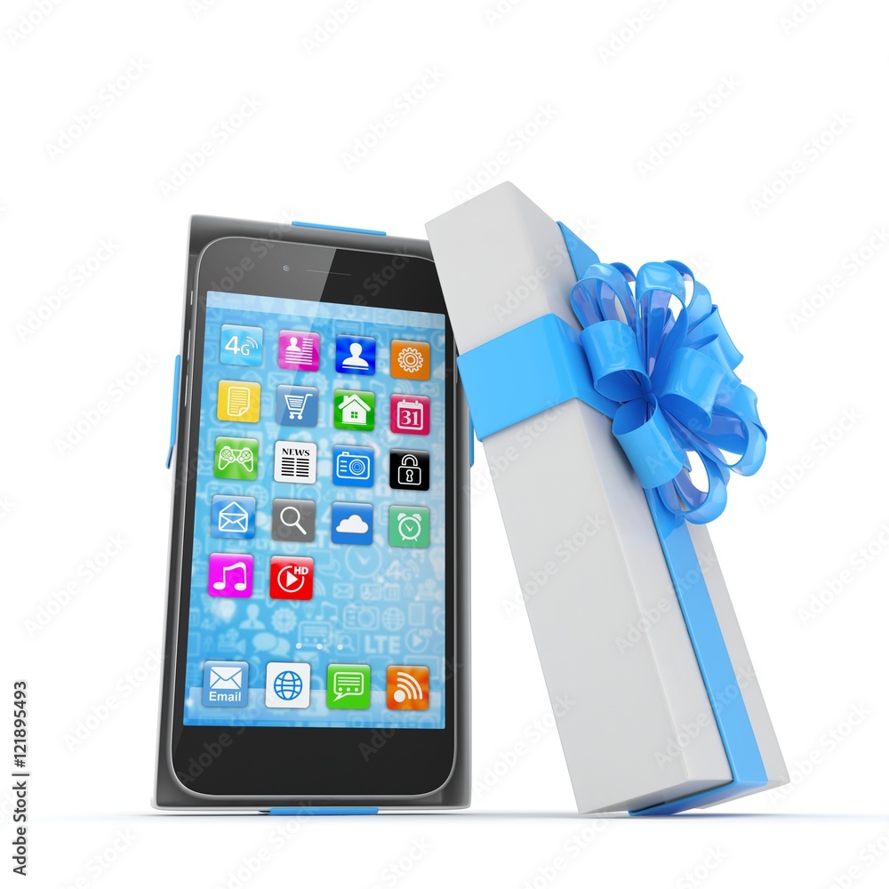 Smartphone in gift box. Isolated on white background. 3d rendering ...