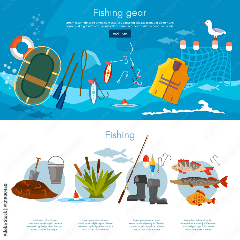 Professional fishing banners fishing rod, hooks, bait, fish vector de ...