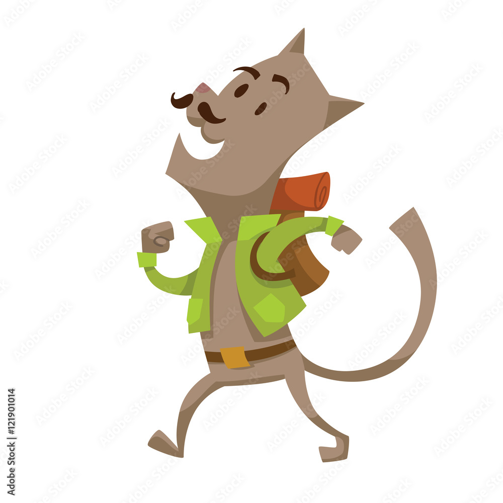 Vector cartoon image of a funny gray cat-tourist in green jacket, brown ...