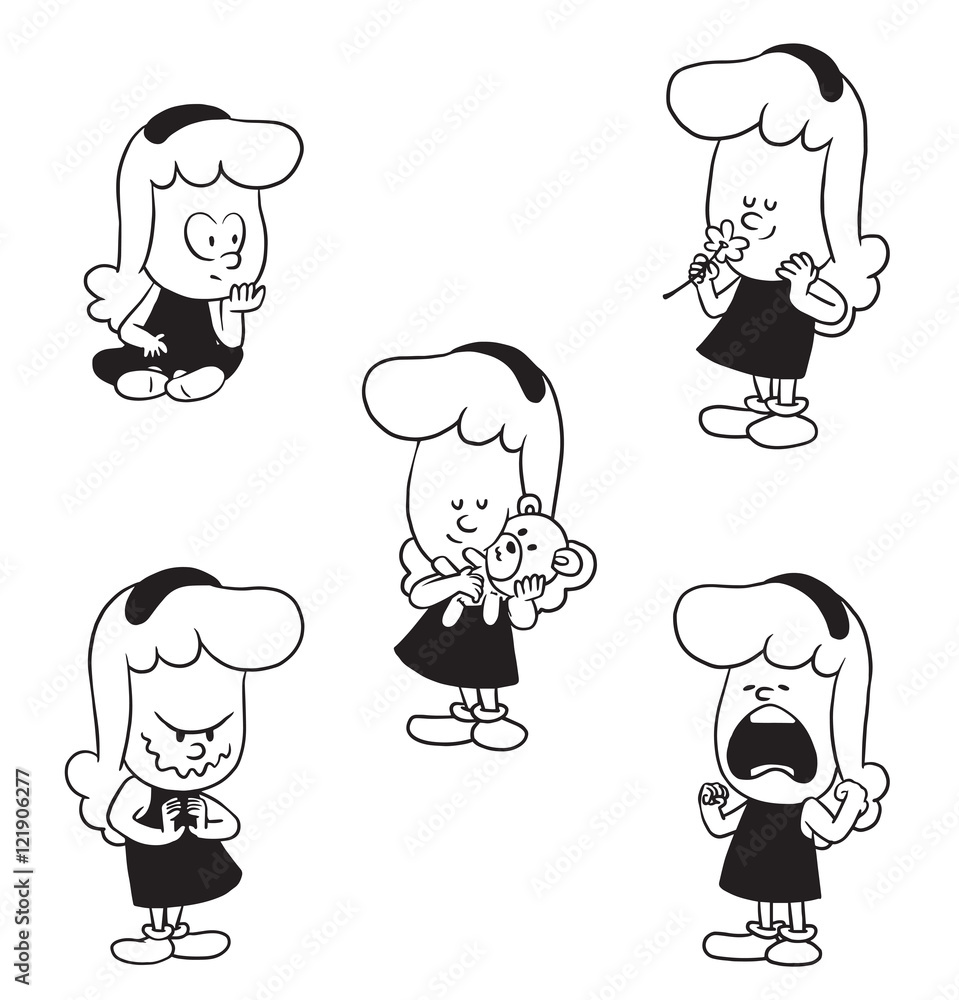 Vector cartoon set of cute little girls: with a teddy bear in hands ...