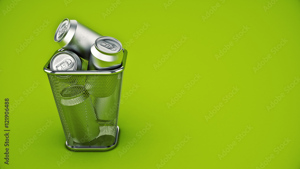 Recycling concept: drink cans in the trash bin. 3d rendering Stock ...