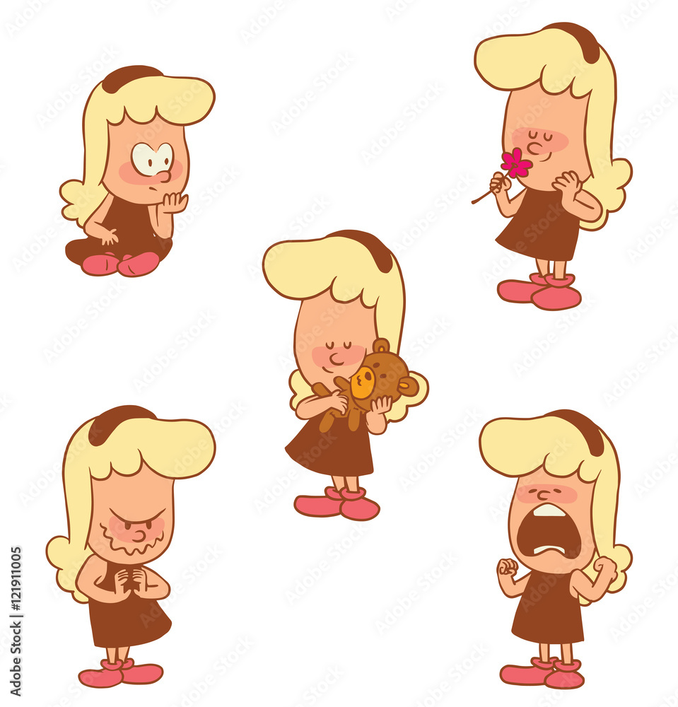 Vecteur Stock Vector cartoon set of cute little girls: with a teddy ...