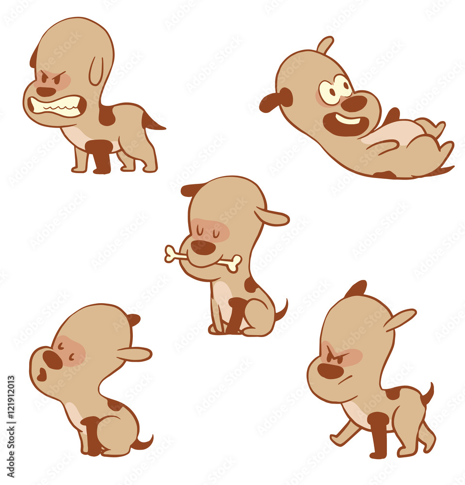Vector cartoon set of funny little dogs: baring his fangs, lying on his ...