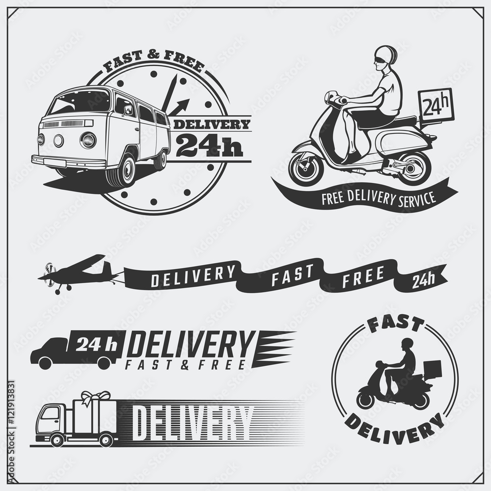 Delivery Service labels, emblems, badges and design elements. 24 Hours ...