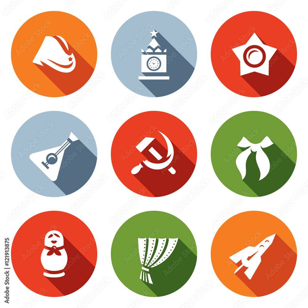 Vector Set of Russia country Icons. Soldier field cap, Kremlin, Moscow ...