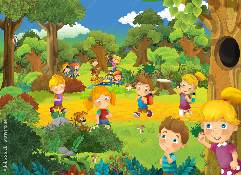 Cartoon scene with kids having fun in the park - illustration for ...