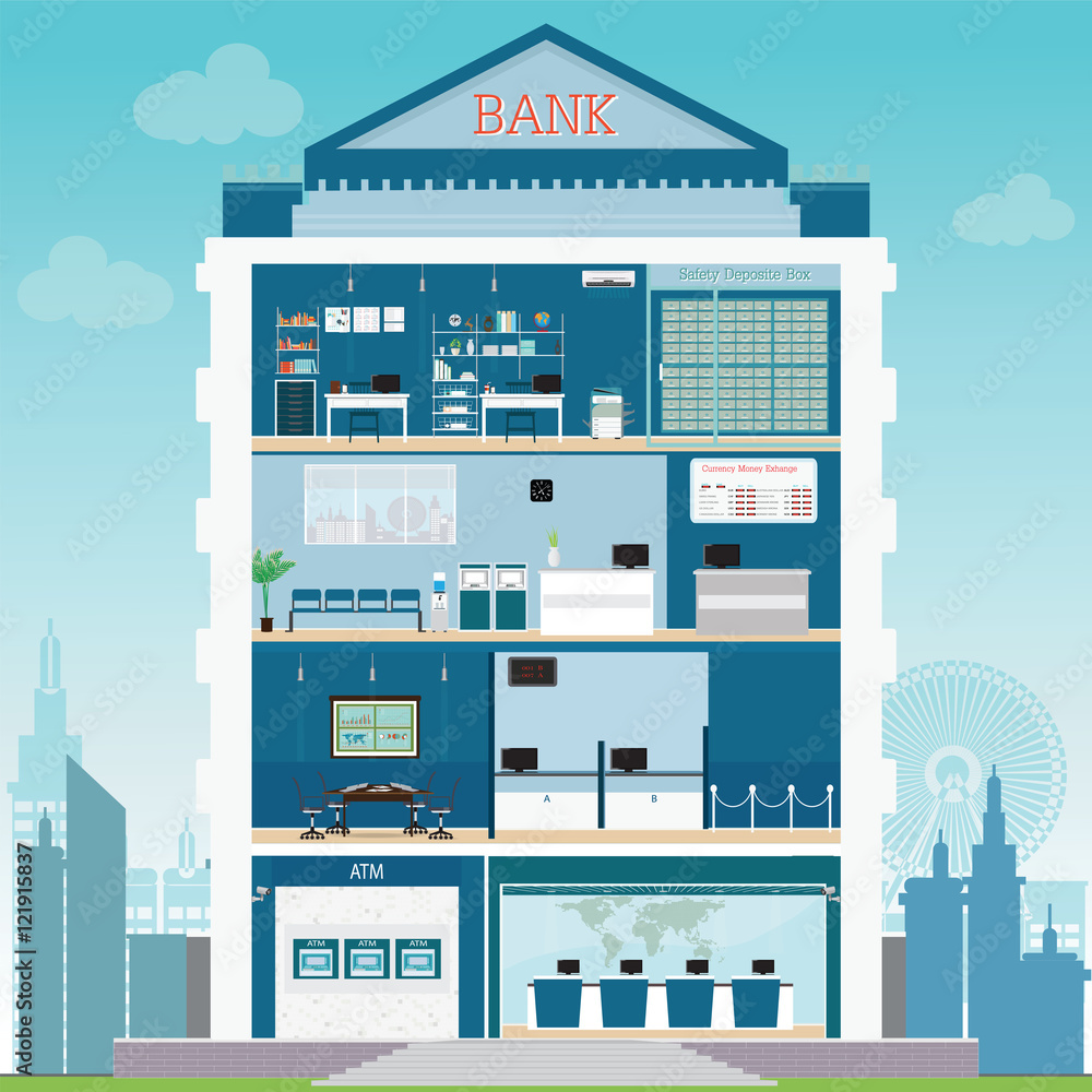 Bank building exterior and interior counter desk. Stock Vector | Adobe ...
