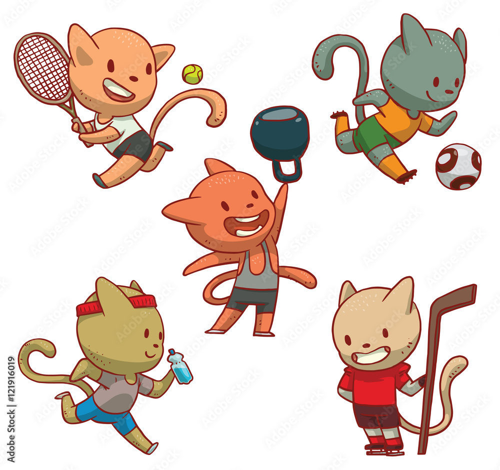 Vector set of cute cats of different colors in various clothes involved ...