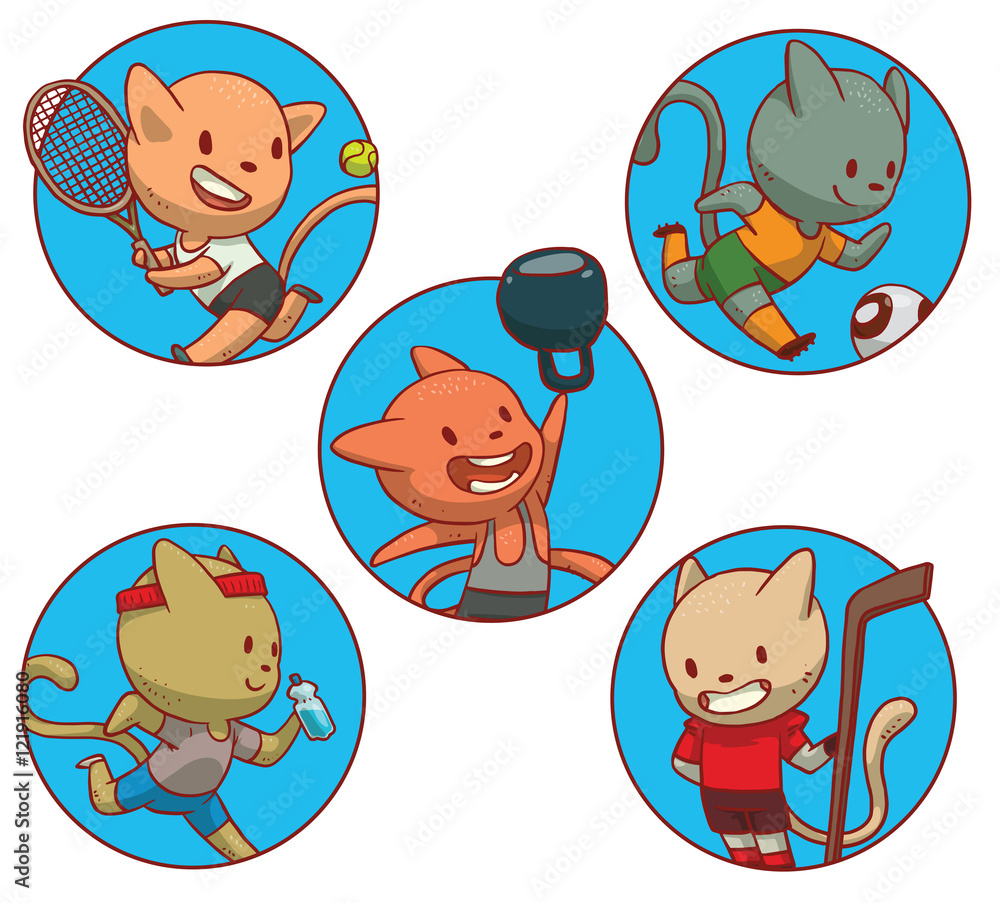 Vector set of round blue frames with cartoon images of cute cats ...