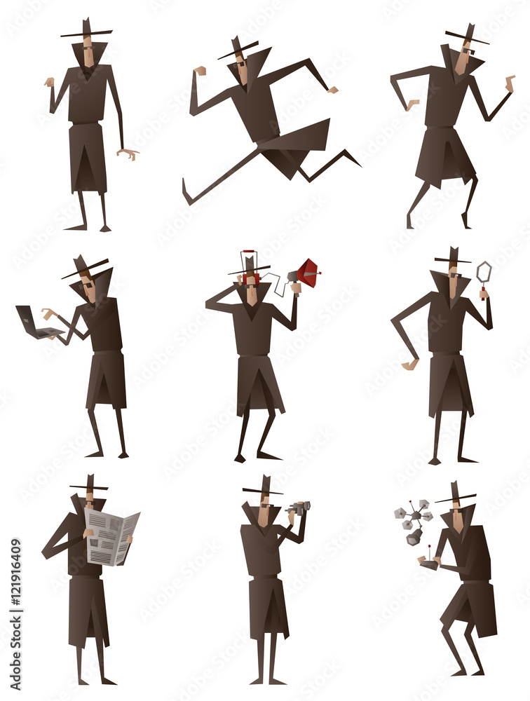Vettoriale Stock Vector set of cartoon image of a spies in black coats ...