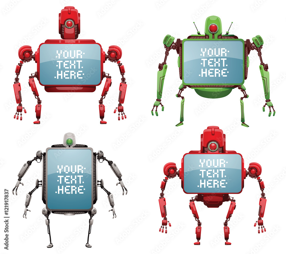 Vector set of funny big red, green, white, bright red robots with two ...