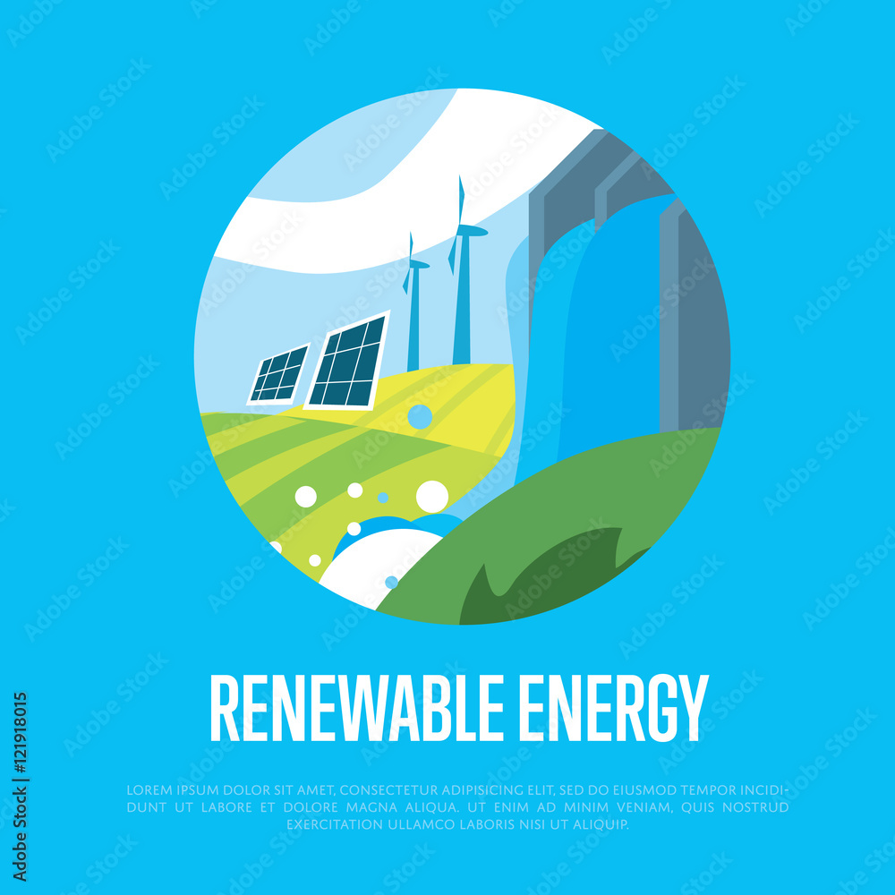 Renewable energy vector illustration. Natural landscape with dam of ...