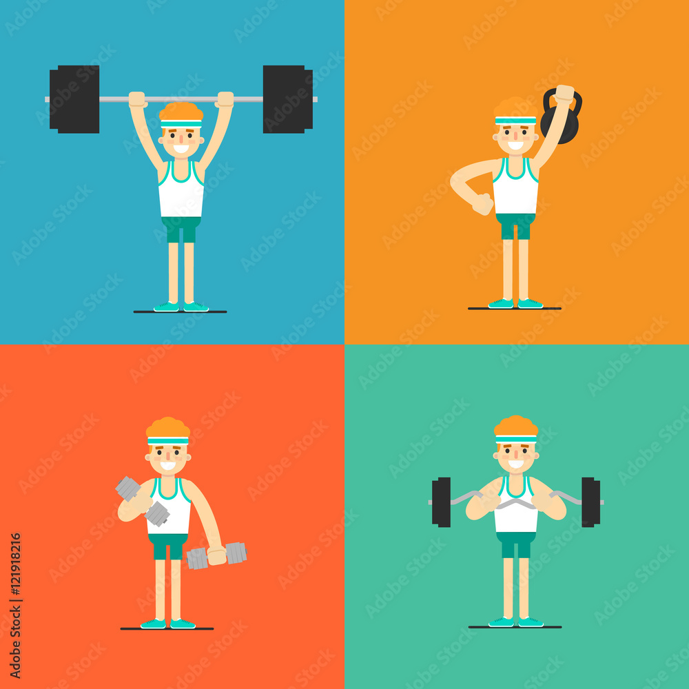 Athletic young man with barbell, dumbbells, weight and doing exercises ...