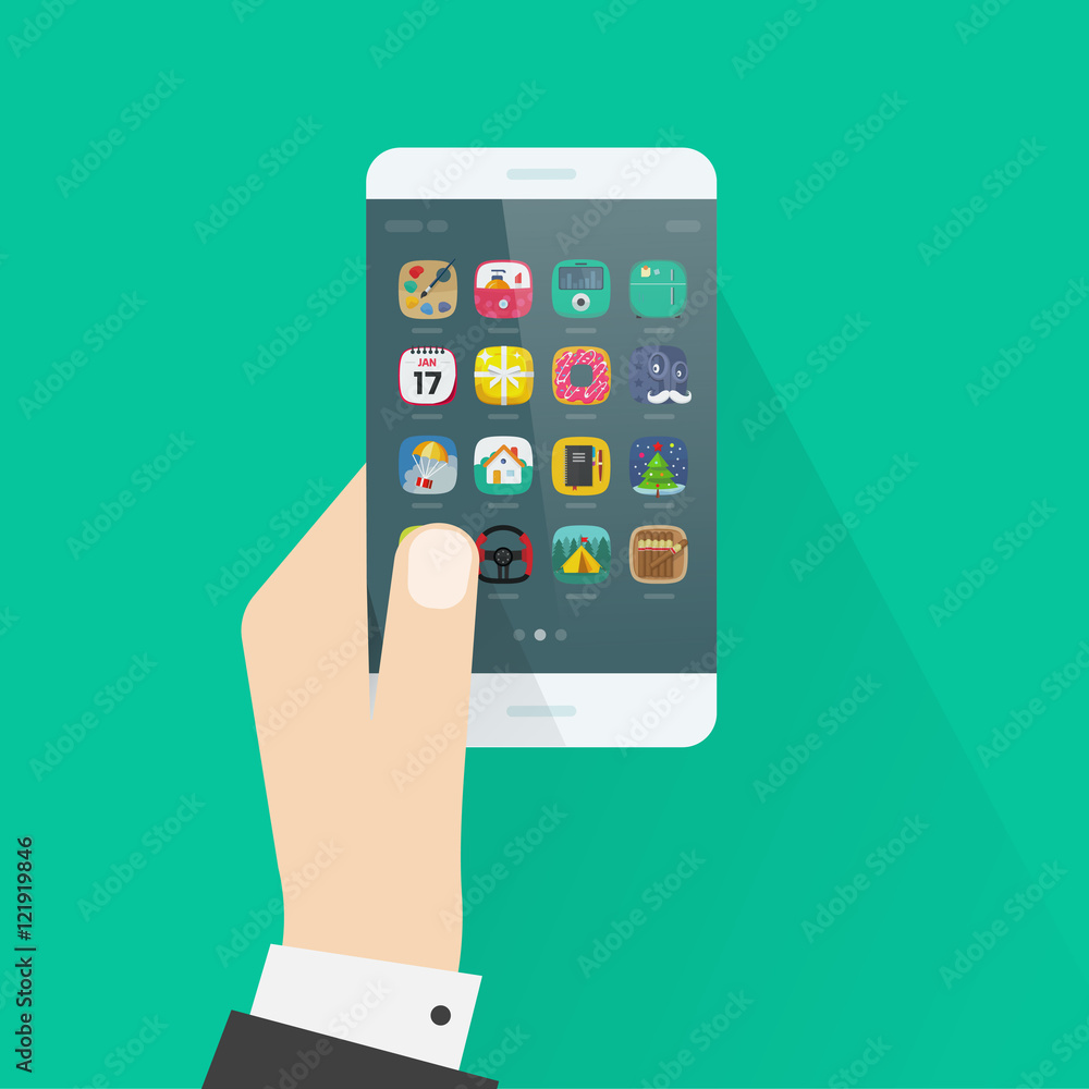 Hand holding smartphone vector illustration isolated on colorful ...