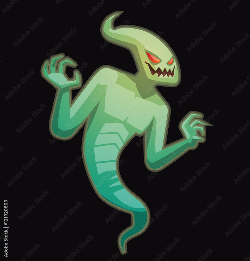 Vector cartoon image of funny light green ghost with red eyes flying on ...