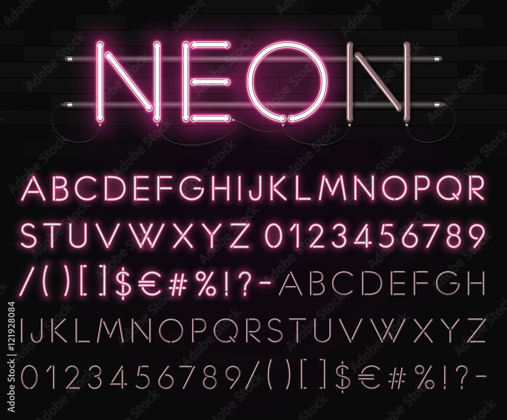 Realistic neon alphabet on a background of black brick wall. Bright ...