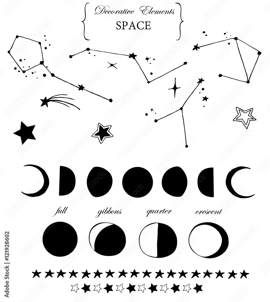 Hand-drawn set of the decorative space and astrology elements. Line art ...