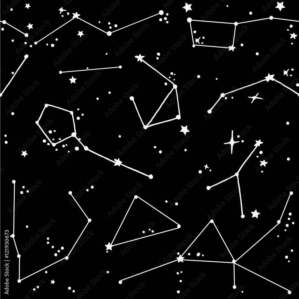 Doodle seamless black pattern with different constellations and stars ...