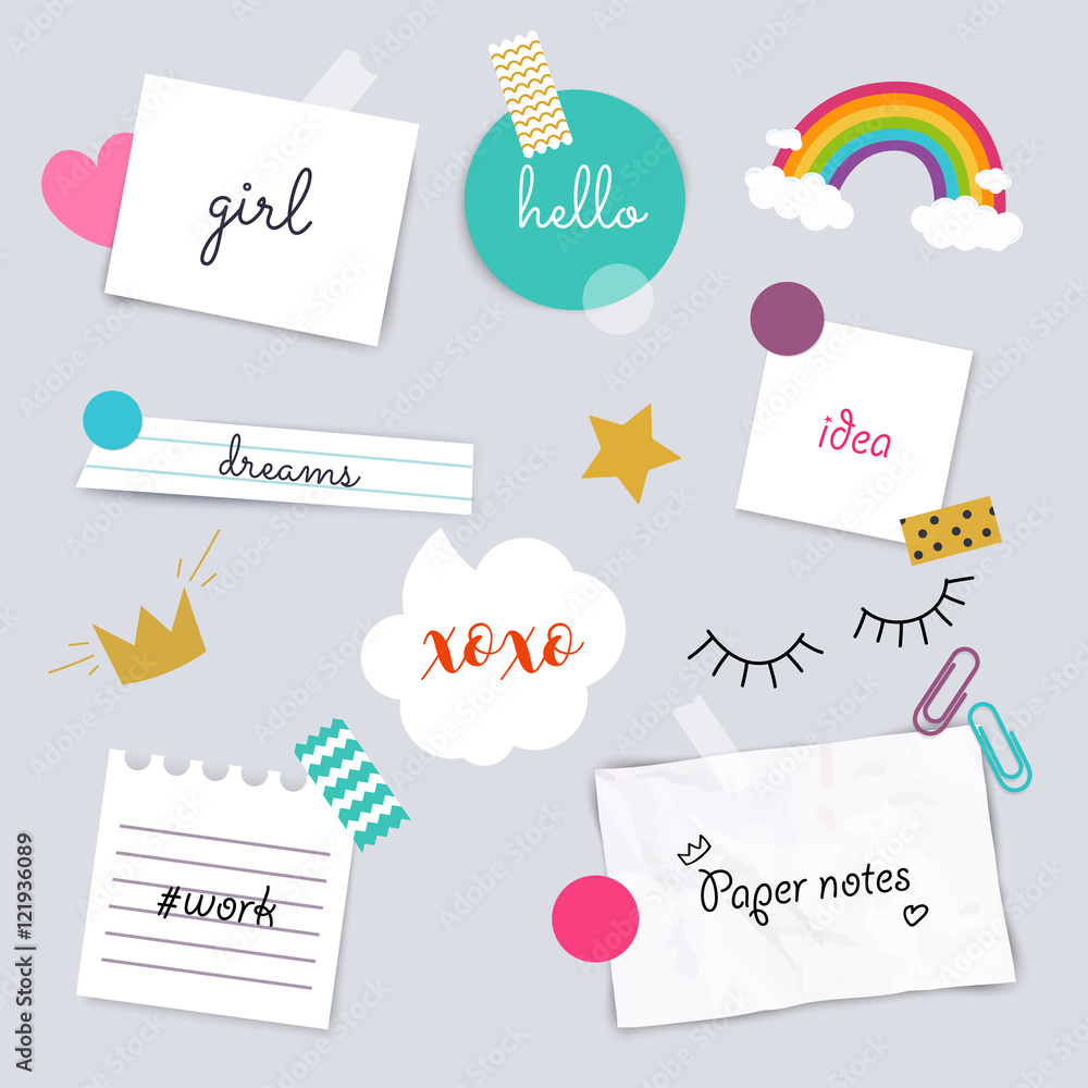 Stickers and note papers collection. Different scraps of paper s Stock ...