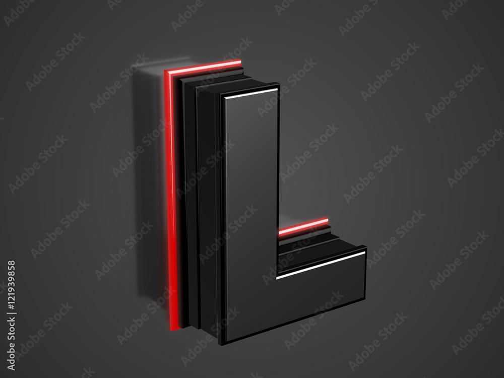 Futuristic uppercase Letter L - black glossy extruded letter with red ...