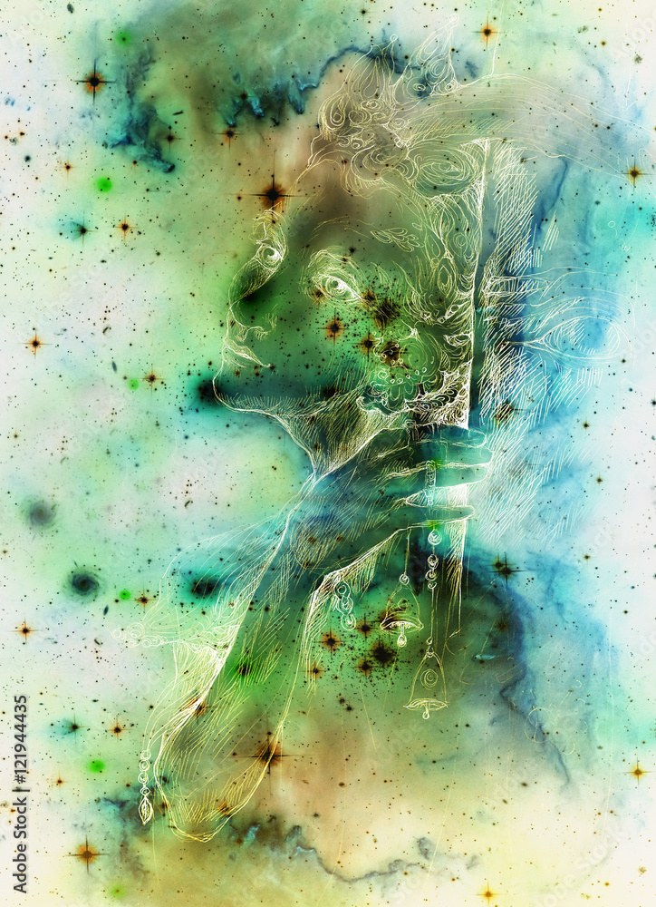 green elven fairy creature with tinker bells, monochromatic linear ...