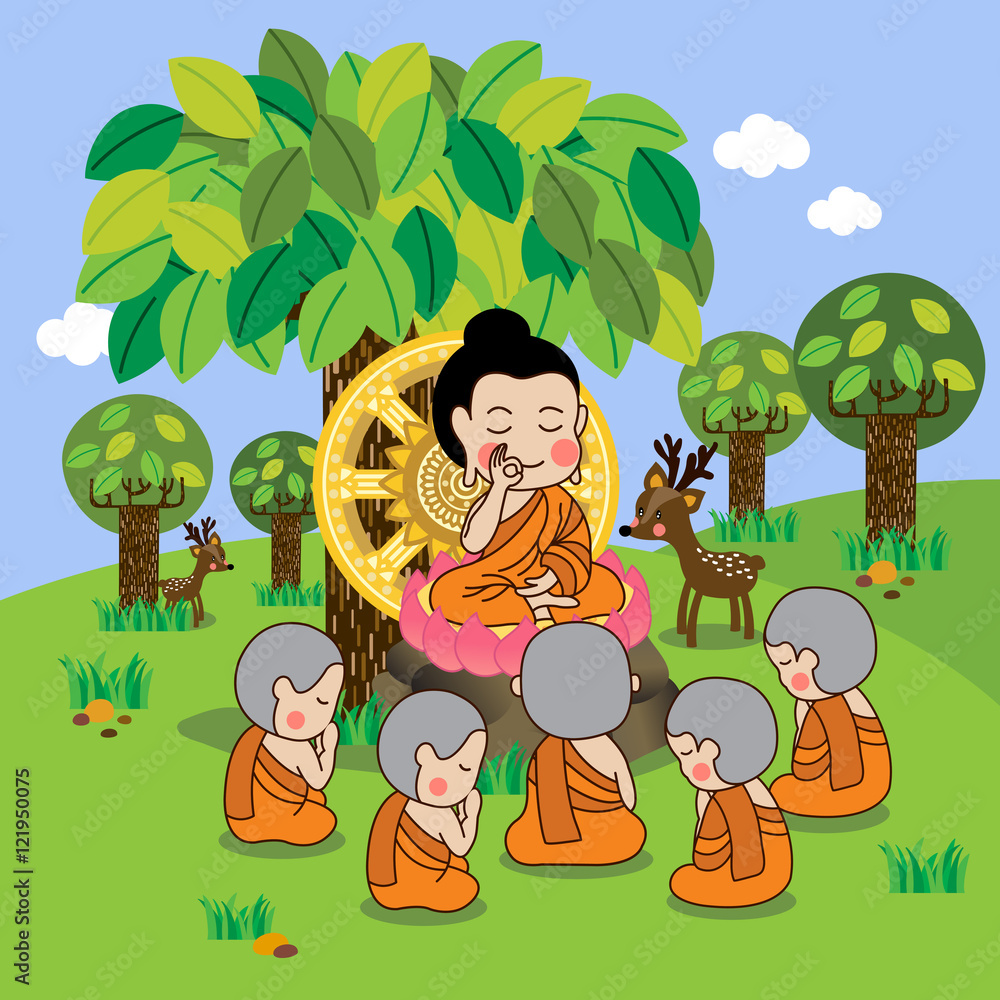 Vetor de Lord Buddha's first sermon surrounded by the first five ...