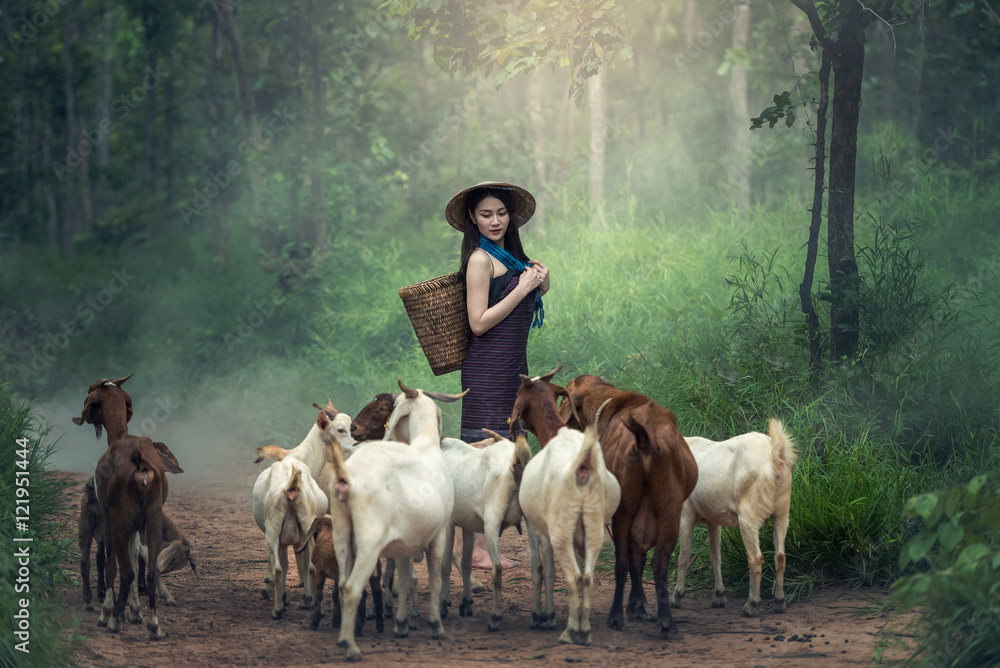 Women with goat in Thailand Stock Photo | Adobe Stock