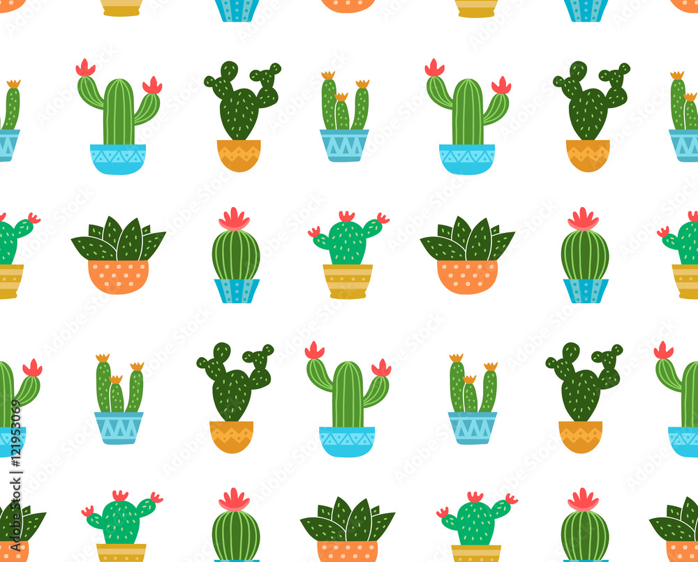 Cactus flat design illustration seamless vector pattern. Isolated on ...