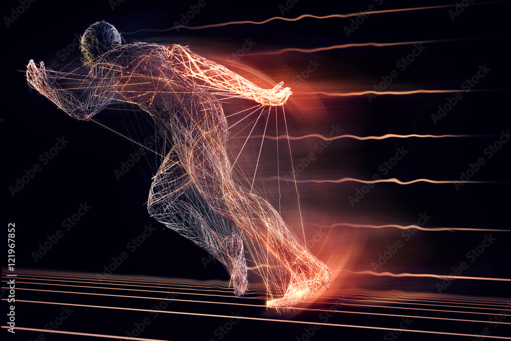 Fast running man 3d of splines on a black background. 3d rendering ...