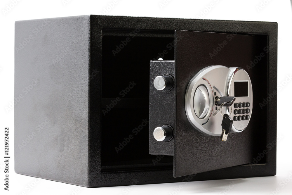 Opened black metal safe box with numeric keypad locked system Stock ...