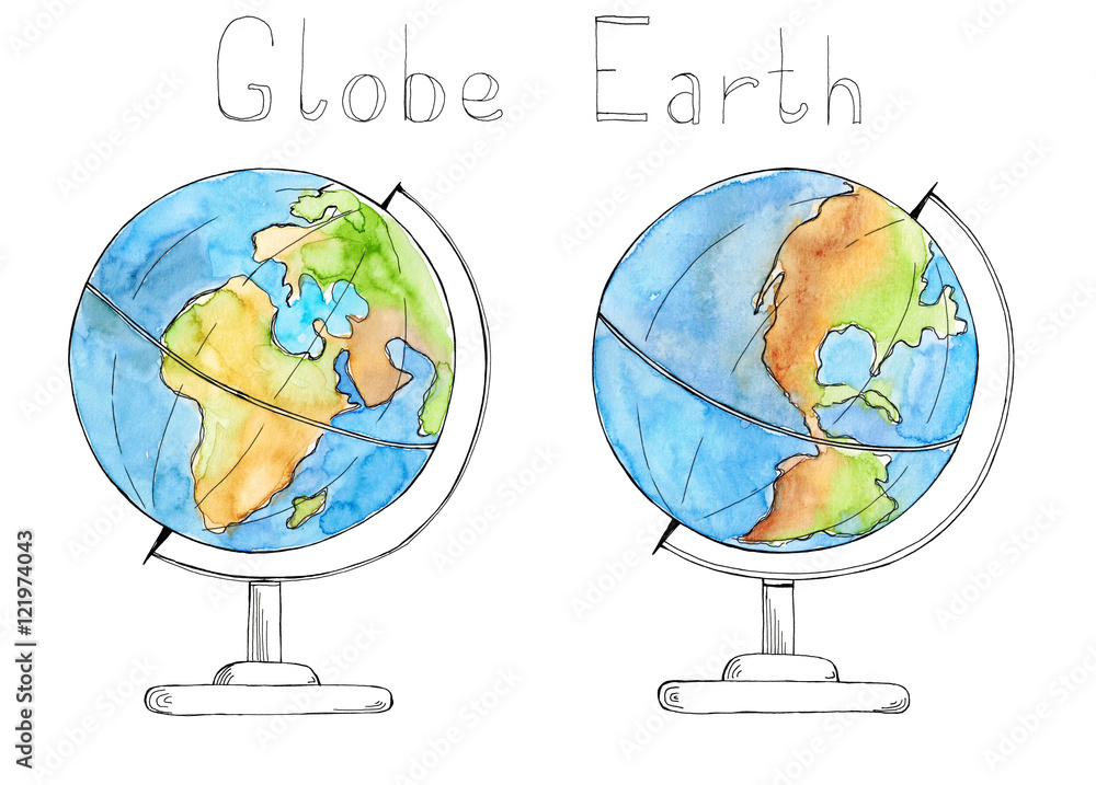 Watercolor hand drawn sketch of earth globe on both sides with ...