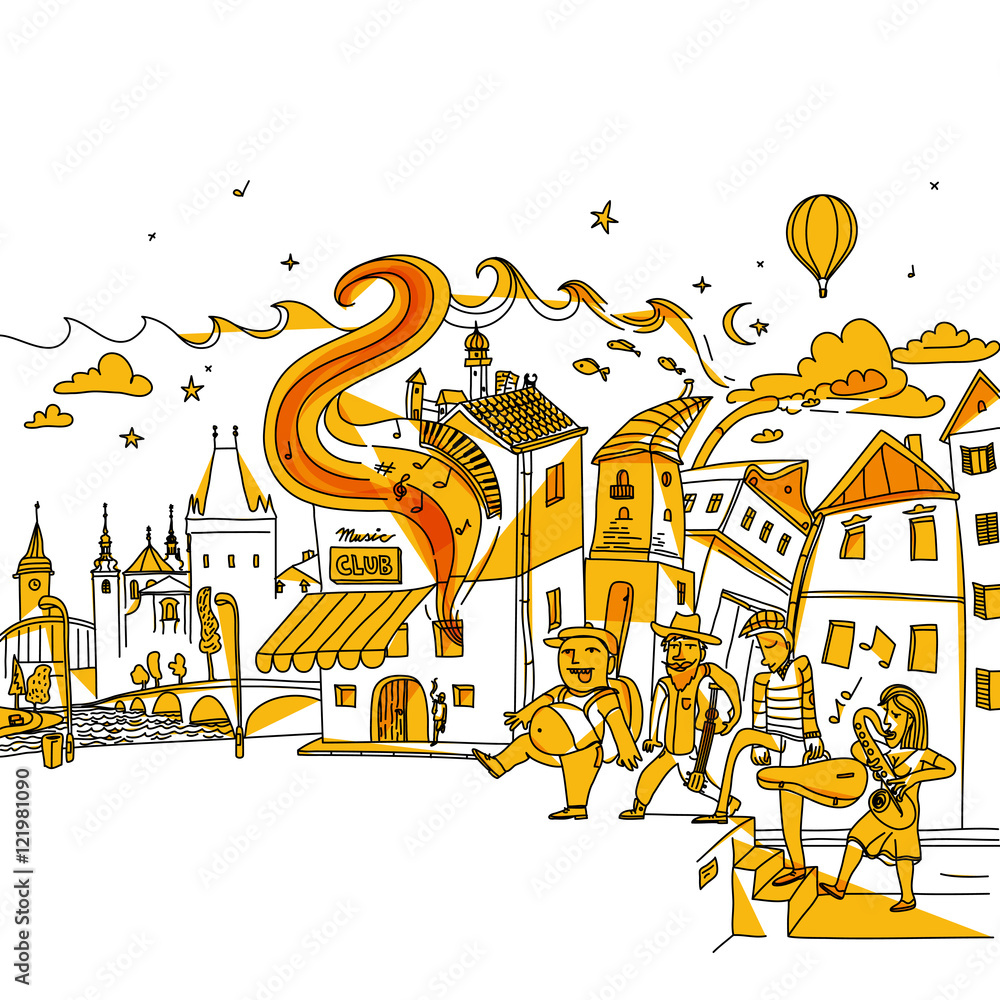 Jazz musicians walking to a music club. Doodle drawing of cultural ...