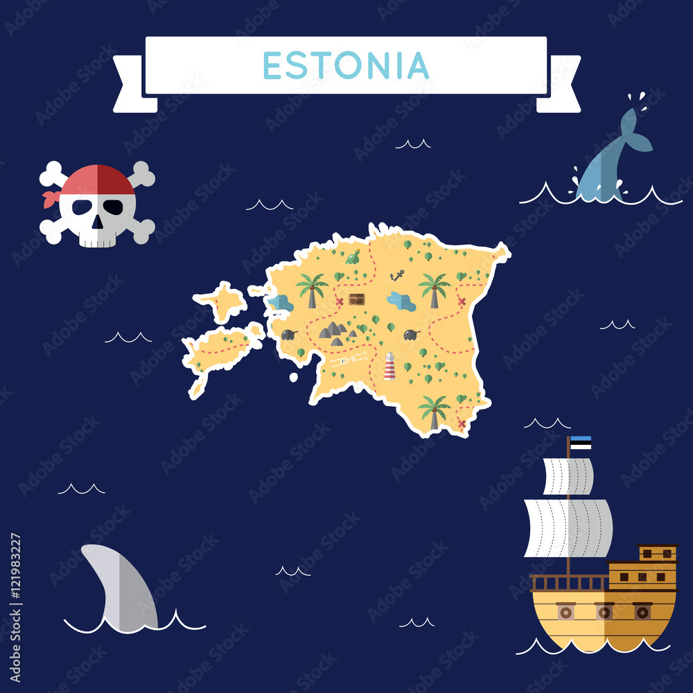 Flat treasure map of Estonia. Colorful cartoon with icons of ship ...