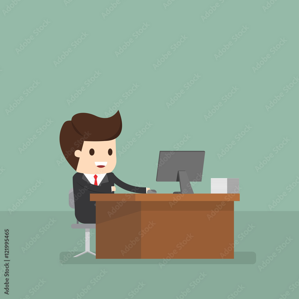businessman working on desk with pc and document, flat design Stock ...