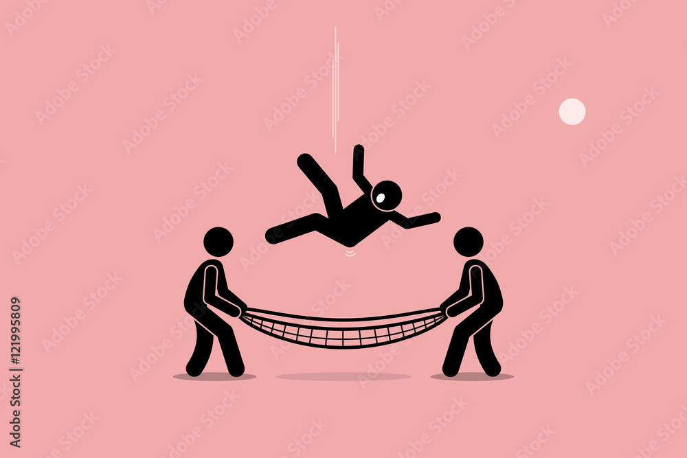 Man falling down and saved by people using safety net at the bottom of ...