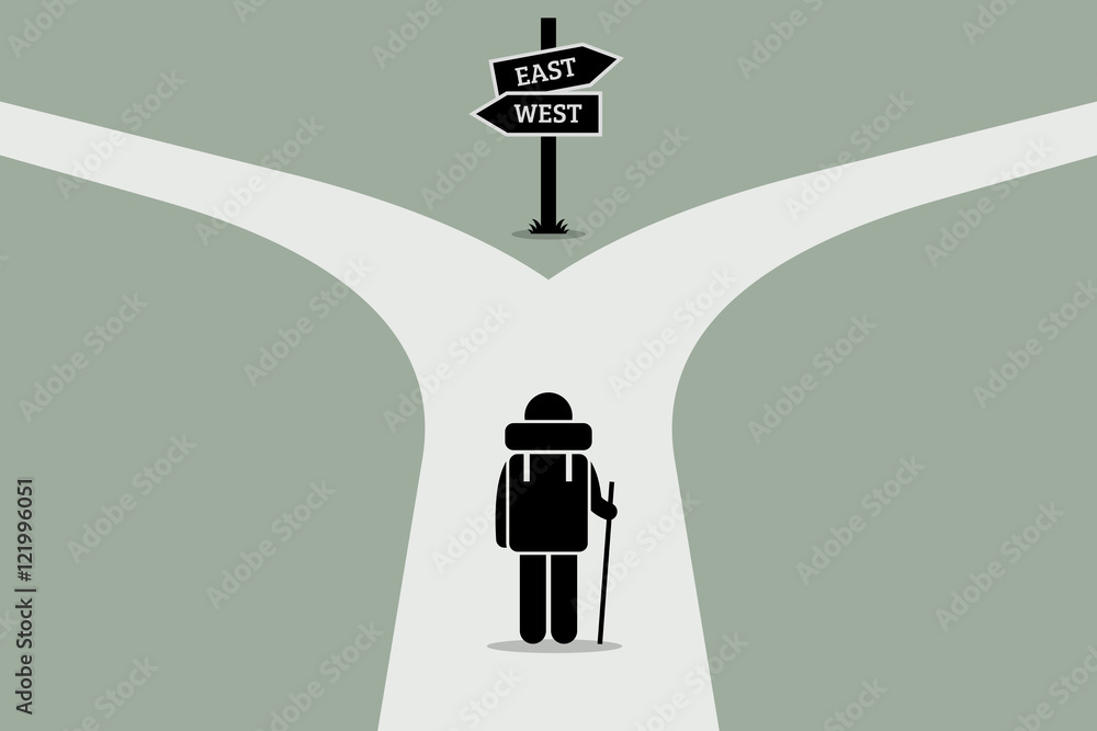 Explorer reaching a split road trying to make decision on where to go ...