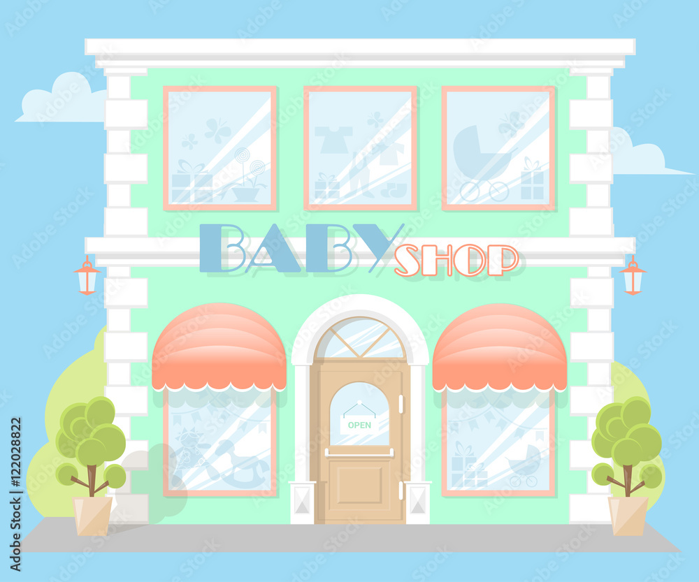 Facade baby shop with a signboard, awning and silhouettes toys in ...