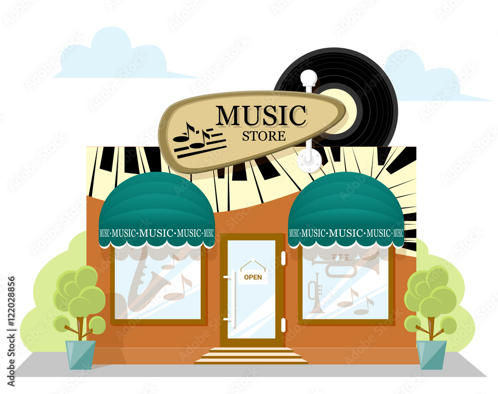 Facade music store with a signboard, awning and products in shopwindow ...