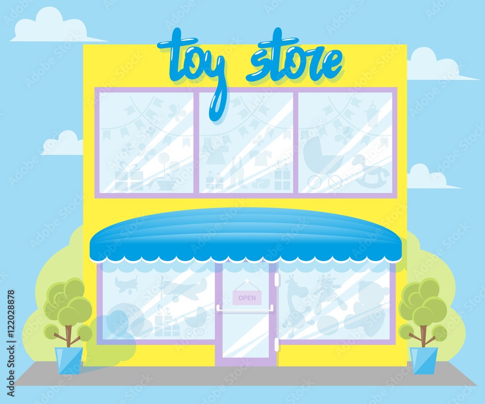 Facade toy store with a signboard, awning and silhouettes toys in ...