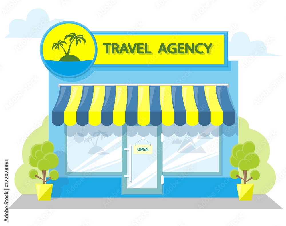 Facade travel agency. Signboard with emblem, awning and symbol in ...