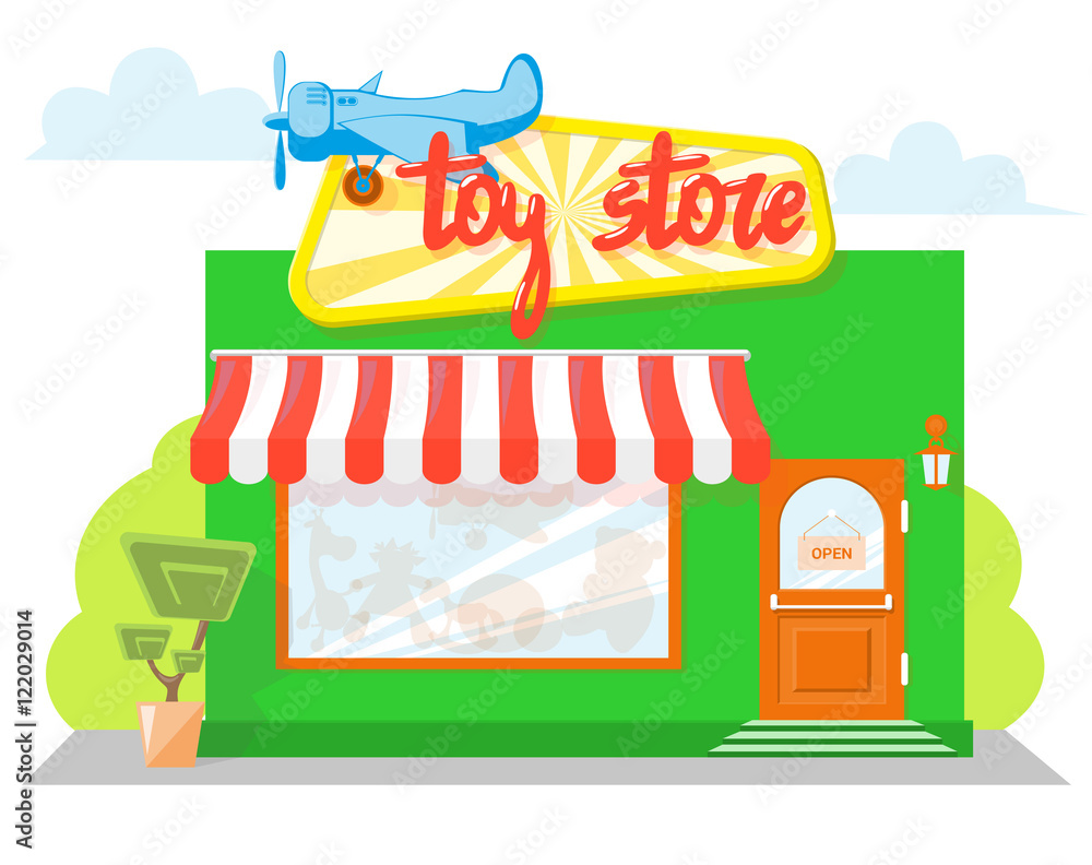 Facade toy store with a signboard, awning and silhouettes toys in ...