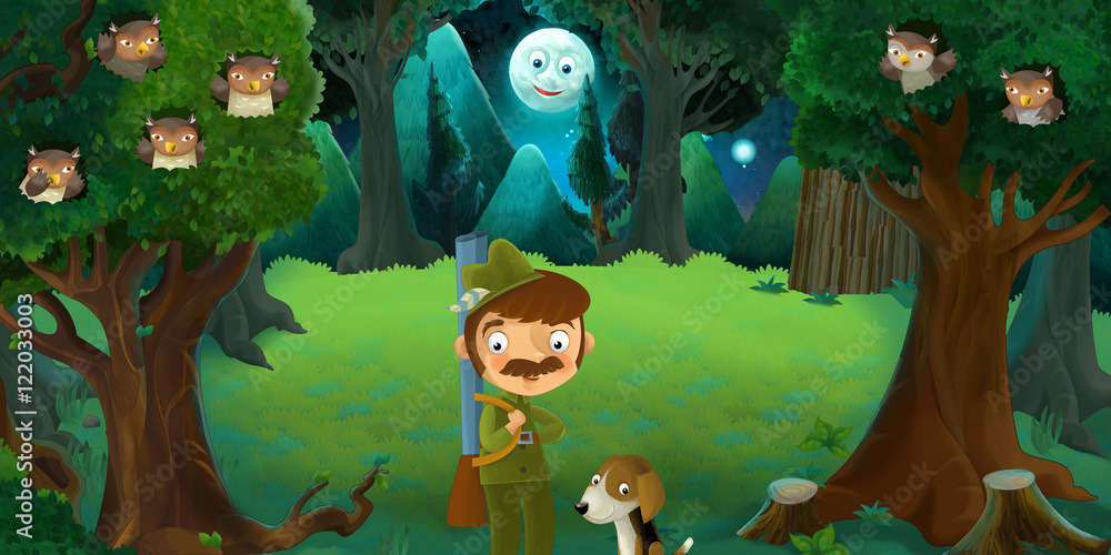 Cartoon scene with hunter and his dog in the forest - illustration for ...