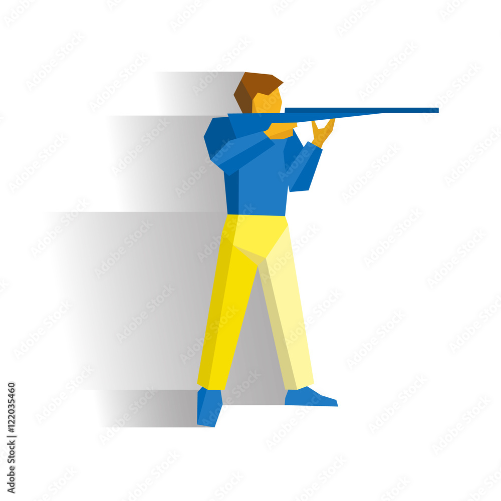 Man with gun. Shooter with shotgun isolated on white background with ...