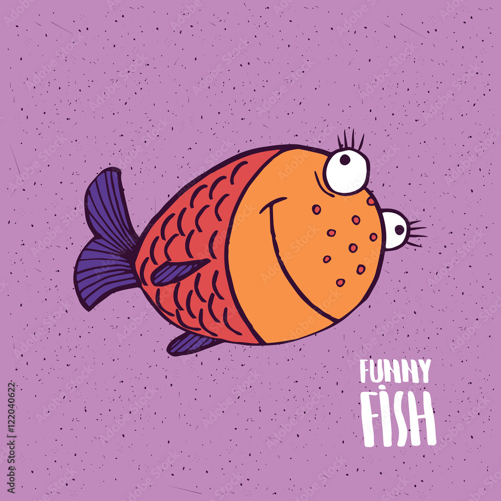 Cute fish with a big smile on slightly desaturated magenta background ...