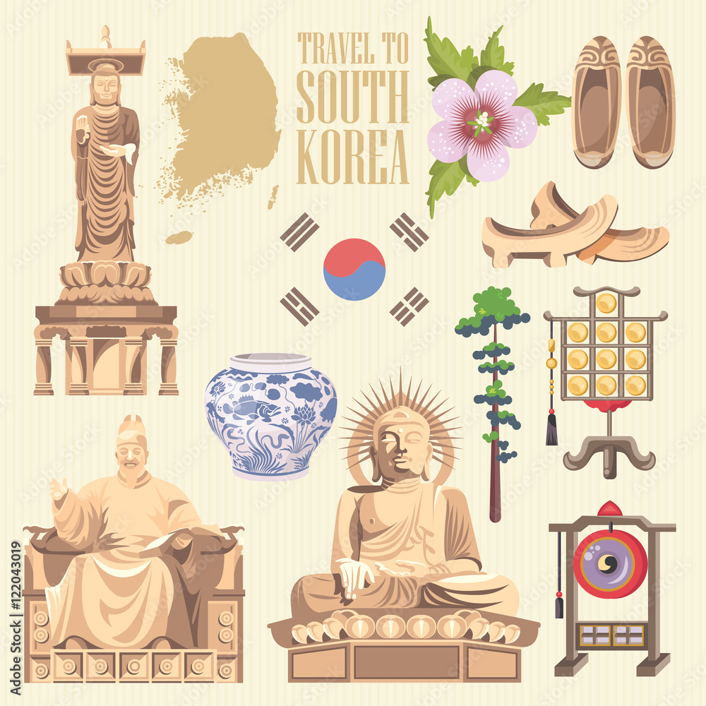 South Korea travel vecto poster with pagodas and traditional signs ...
