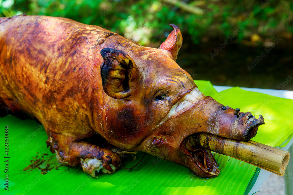 Fire-roasted suckling pig served on banana leaves. Filipino food Stock ...