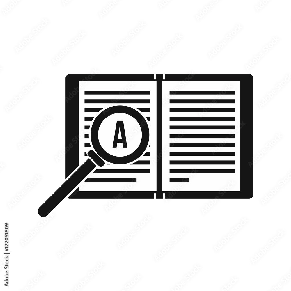 Magnifying glass over open book icon in simple style on a white ...