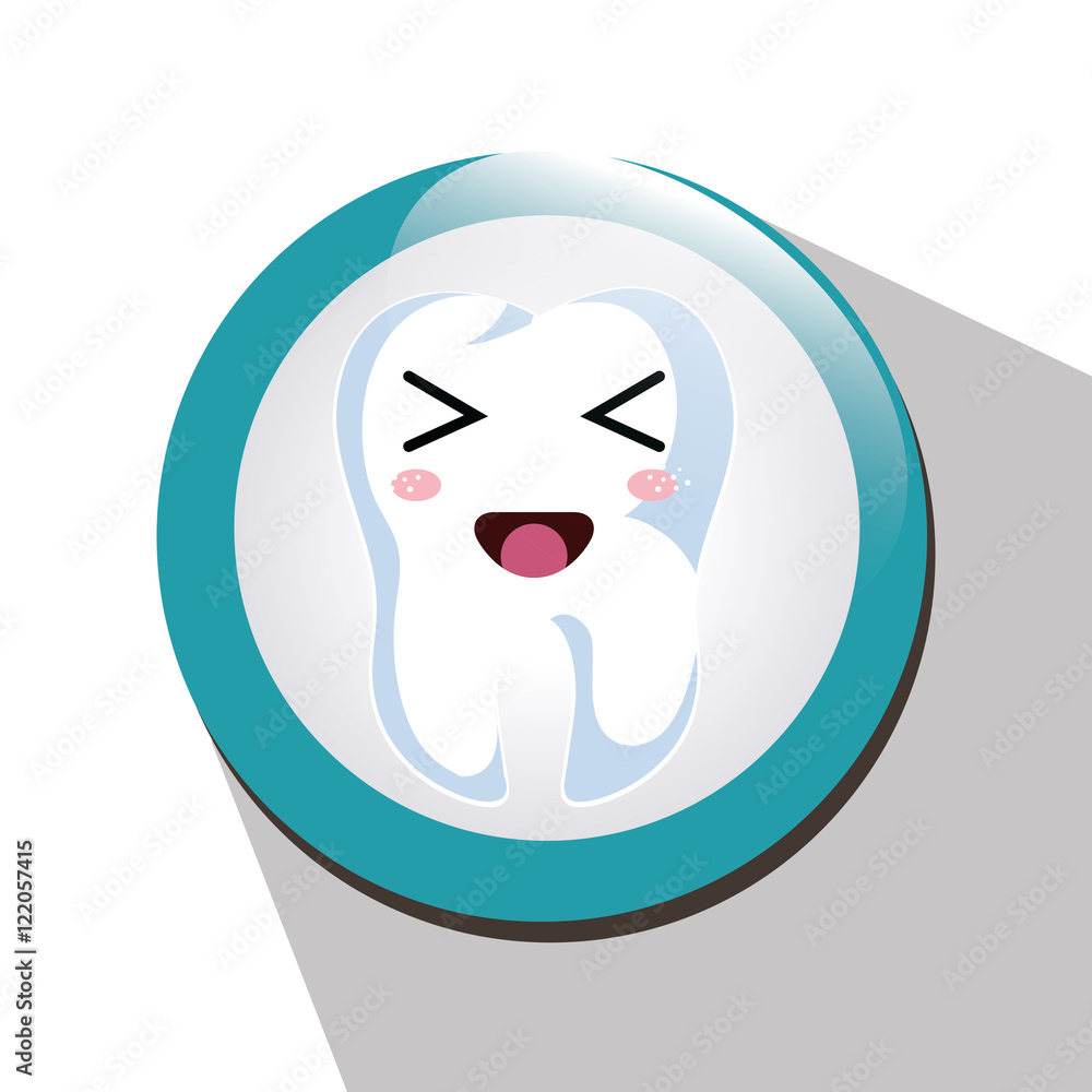 cartoon human tooth with happy expression face over blue and white ...